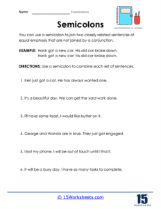 Semicolons Worksheets | Join Clauses For Clarity - 15 Worksheets.com