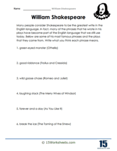 William Shakespeare Worksheets | Life and Works - 15 Worksheets.com