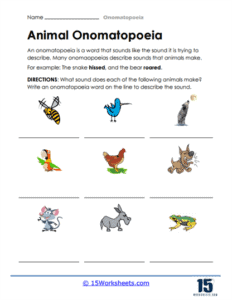 Onomatopoeia Worksheets | Figurative Language Use - 15 Worksheets.com