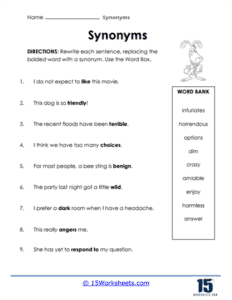 Synonyms Worksheets | Context & Fluency - 15 Worksheets.com