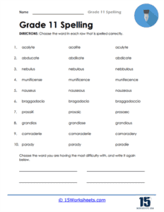 Grade 11 Spelling Worksheets | Corrections & Context - 15 Worksheets.com