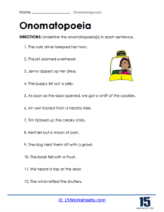 Onomatopoeia Worksheets | Figurative Language Use - 15 Worksheets.com