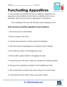 Commas Worksheets | Uses For Pause &amp; Clarity - 15 Worksheets.com