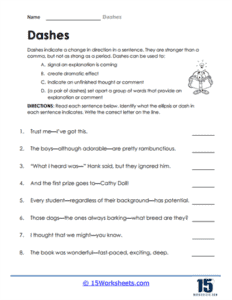 Dashes Worksheets | Adding Emphasis with Em and En - 15 Worksheets.com