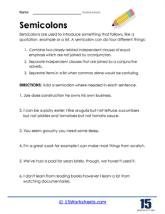Semicolons Worksheets | Join Clauses For Clarity - 15 Worksheets.com