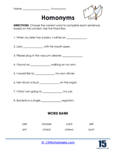 Homonyms Worksheets | Same Sounding Words - 15 Worksheets.com