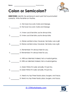 Semicolons Worksheets | Join Clauses For Clarity - 15 Worksheets.com