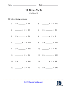 12 Times Tables Worksheets - 15 Worksheets.com
