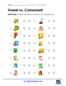 Vowels vs. Consonants Worksheets | Phonics Awareness - 15 Worksheets.com
