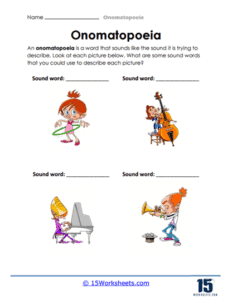 Onomatopoeia Worksheets | Figurative Language Use - 15 Worksheets.com