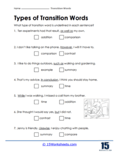 Transition Words Worksheets | Linking Ideas - 15 Worksheets.com