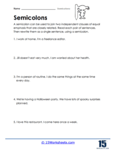 Semicolons Worksheets | Join Clauses For Clarity - 15 Worksheets.com