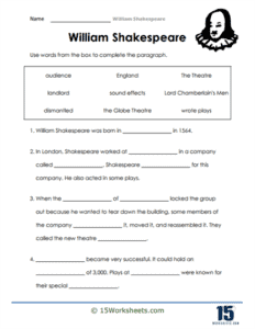William Shakespeare Worksheets | Life and Works - 15 Worksheets.com