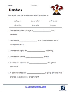Dashes Worksheets | Adding Emphasis with Em and En - 15 Worksheets.com