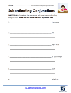 Subordinating Conjunctions Worksheets | Sentence Variety - 15 ...