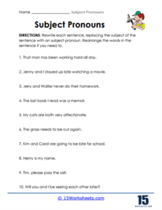 Subject Pronouns Worksheets | Grammar & Clarity - 15 Worksheets.com
