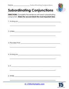 Subordinating Conjunctions Worksheets | Sentence Variety - 15 ...