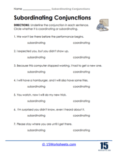 Subordinating Conjunctions Worksheets | Sentence Variety - 15 ...