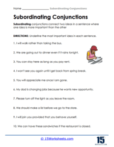 Subordinating Conjunctions Worksheets | Sentence Variety - 15 Worksheets.com