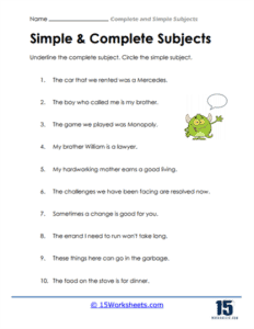 Complete and Simple Subjects Worksheets - 15 Worksheets.com