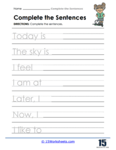 Complete the Sentence Worksheets | Filling Thought Gaps - 15 Worksheets.com