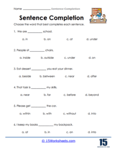 Complete the Sentence Worksheets | Filling Thought Gaps - 15 Worksheets.com