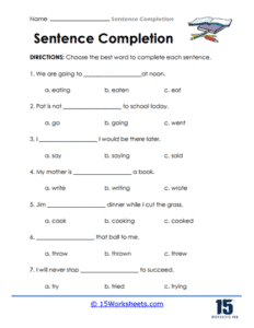 Complete the Sentence Worksheets | Filling Thought Gaps - 15 Worksheets.com