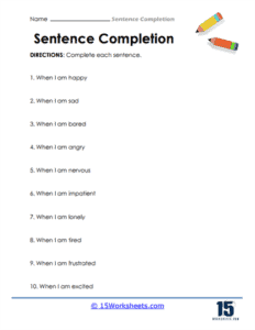 Complete the Sentence Worksheets | Filling Thought Gaps - 15 Worksheets.com