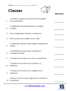 Clauses Worksheets | Active Practice - 15 Worksheets.com