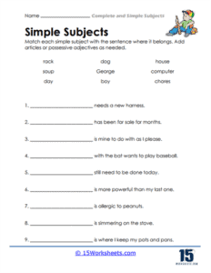 Complete and Simple Subjects Worksheets - 15 Worksheets.com