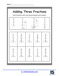Adding 3 Fractions Worksheets | Sum, Simplify & Compare - 15 Worksheets.com