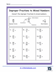Improper Fractions to Mixed Numbers Worksheets - 15 Worksheets.com