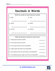Decimals in Words Worksheets - 15 Worksheets.com