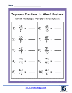 Improper Fractions to Mixed Numbers Worksheets - 15 Worksheets.com