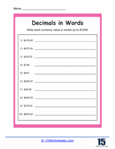 Decimals in Words Worksheets - 15 Worksheets.com