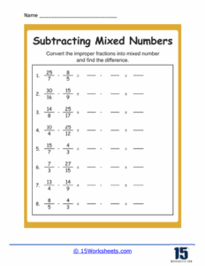 Subtracting Mixed Numbers Worksheets | Borrowing Practice - 15 ...