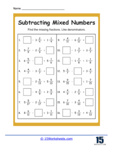 Subtracting Mixed Numbers Worksheets | Borrowing Practice - 15 ...