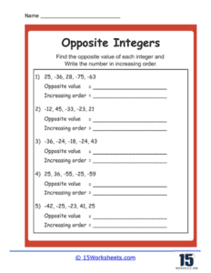 Opposite Value of Integers Worksheets | Integer Sense - 15 Worksheets.com