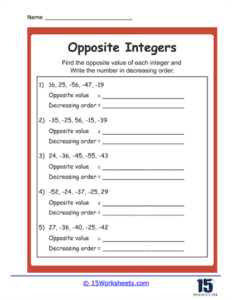Opposite Value of Integers Worksheets | Integer Sense - 15 Worksheets.com