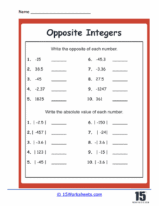 Opposite Value of Integers Worksheets | Integer Sense - 15 Worksheets.com