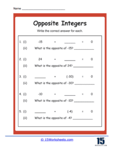 Opposite Value of Integers Worksheets | Integer Sense - 15 Worksheets.com