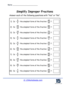 Simplifying Improper Fractions Worksheets | Reduce - 15 Worksheets.com