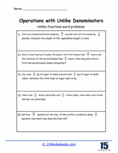 Operations with Unlike Fractions Worksheets - 15 Worksheets.com