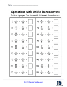 Operations with Unlike Fractions Worksheets - 15 Worksheets.com