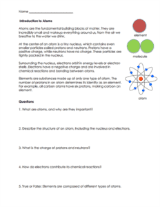 Atoms, Elements, Compounds Worksheets