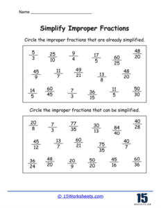 Simplifying Improper Fractions Worksheets | Reduce - 15 Worksheets.com