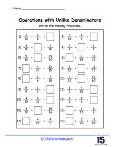 Operations with Unlike Fractions Worksheets - 15 Worksheets.com