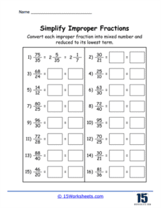 Simplifying Improper Fractions Worksheets | Reduce - 15 Worksheets.com