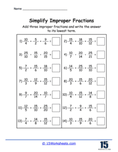 Simplifying Improper Fractions Worksheets | Reduce - 15 Worksheets.com