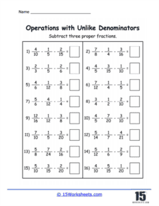 Operations with Unlike Fractions Worksheets - 15 Worksheets.com
